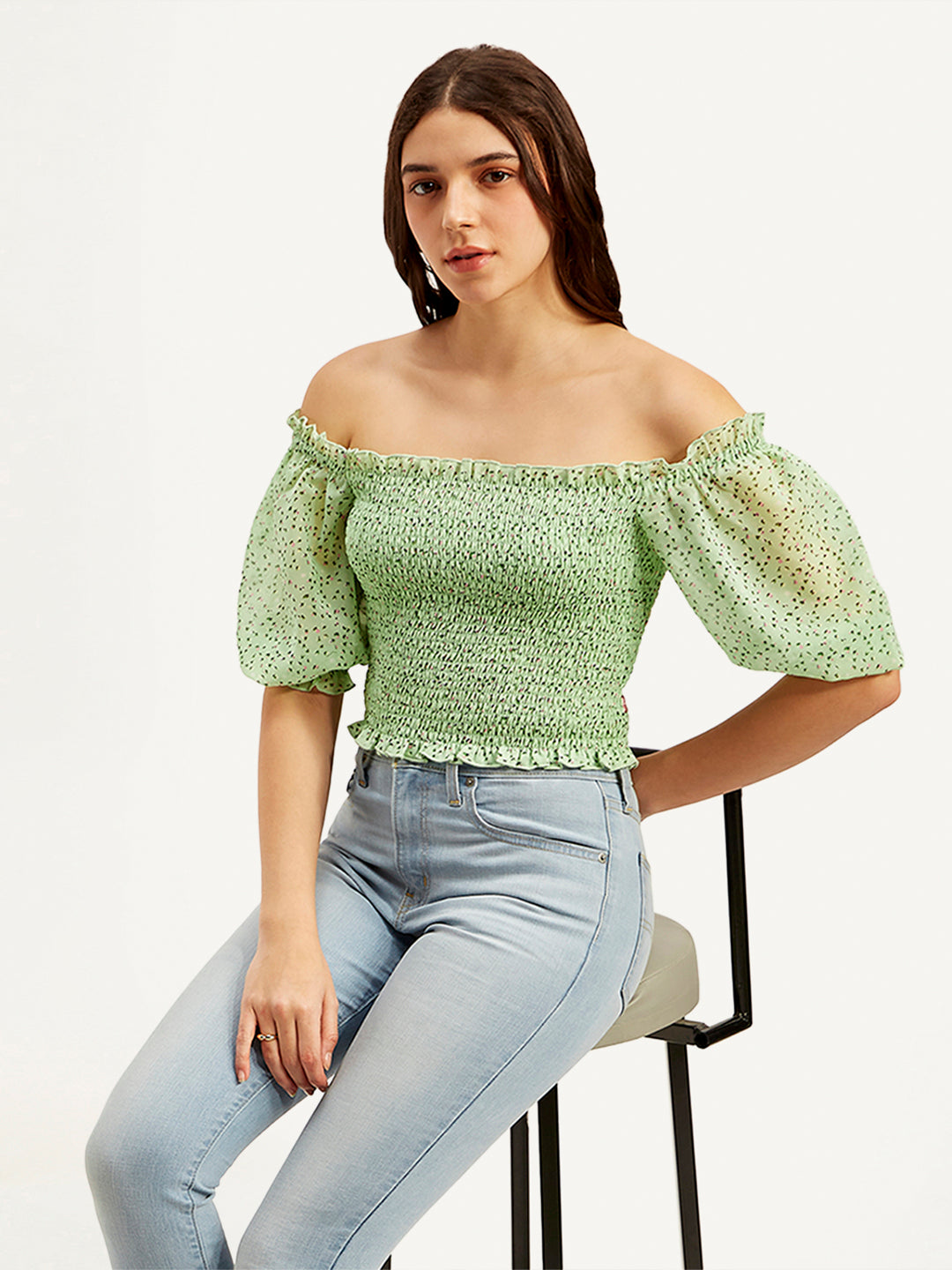 Women's Floral Green Off Shoulder Top – Levis India Store