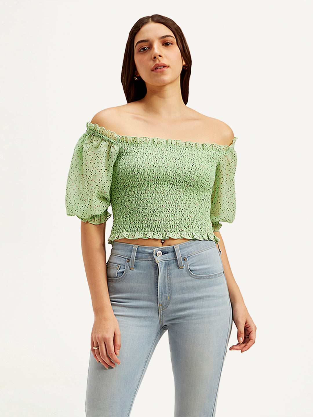 Women's Floral Green Off Shoulder Top – Levis India Store