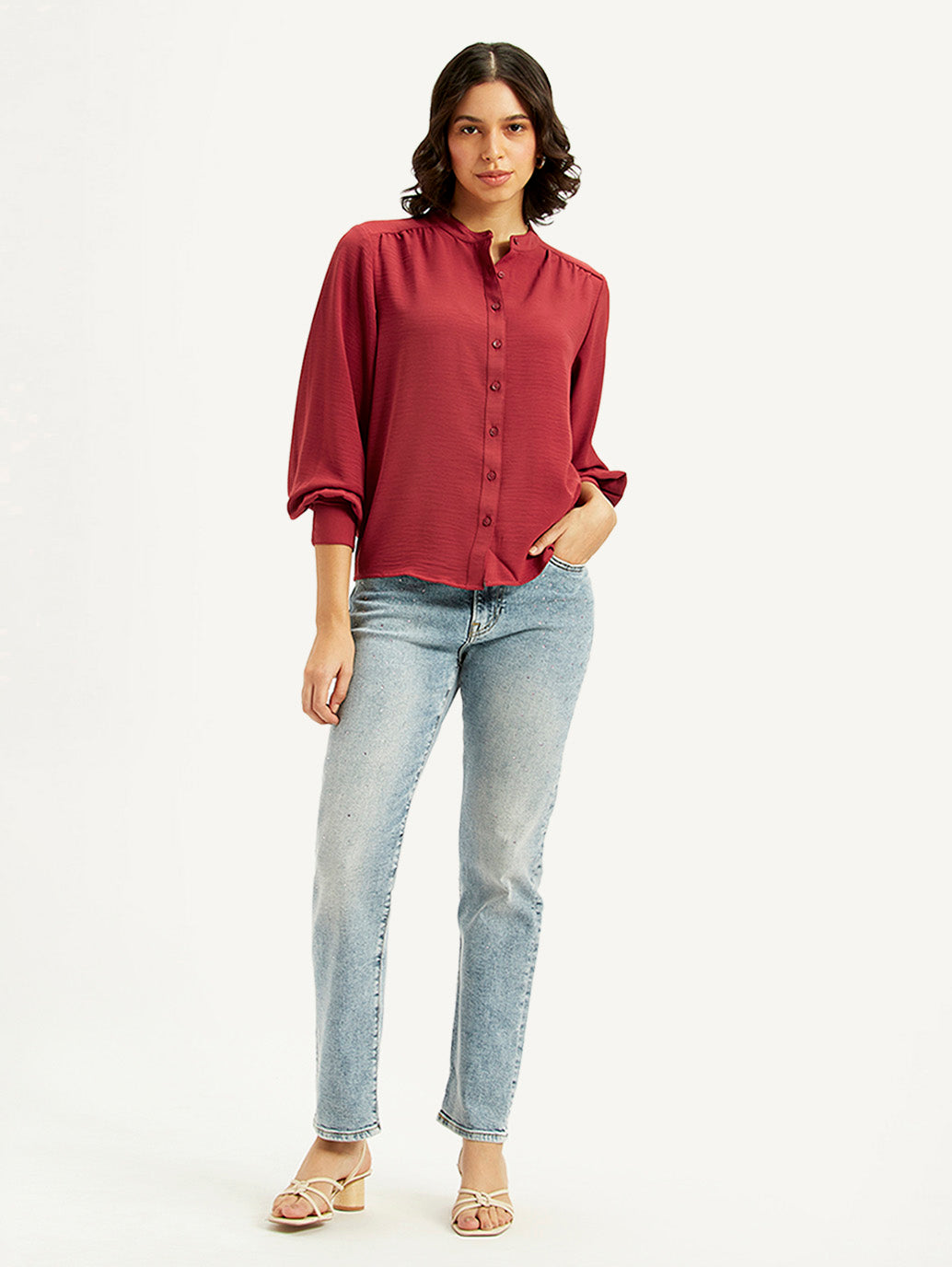Women's Solid Maroon Mandarin Collar Top – Levis India Store