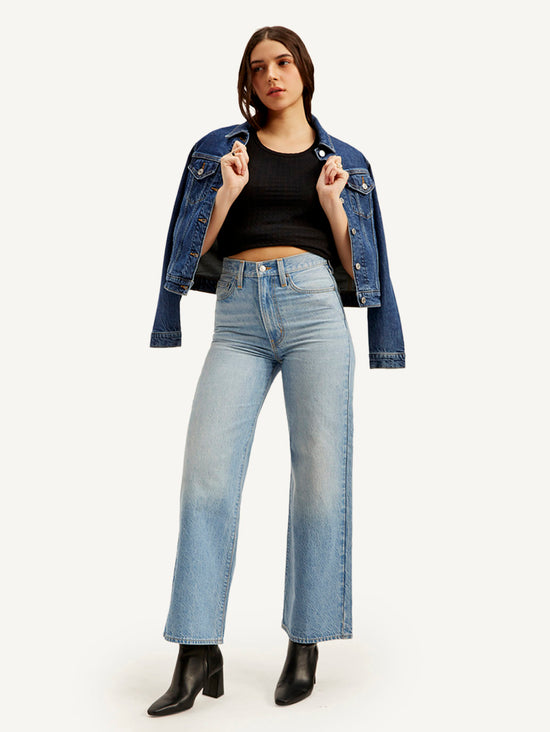 Women's Light Blue Ribcage Bell Bottom Wide Leg Fit High Rise Jeans ...