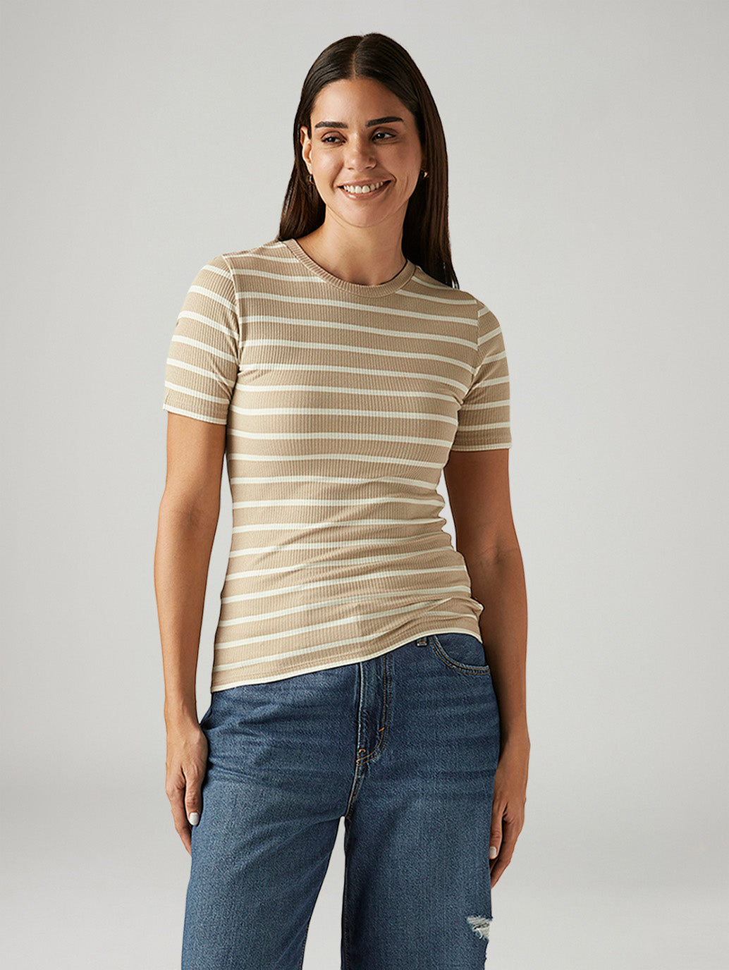 Women's Striped Beige Slim Fit T-shirt – Levis India Store