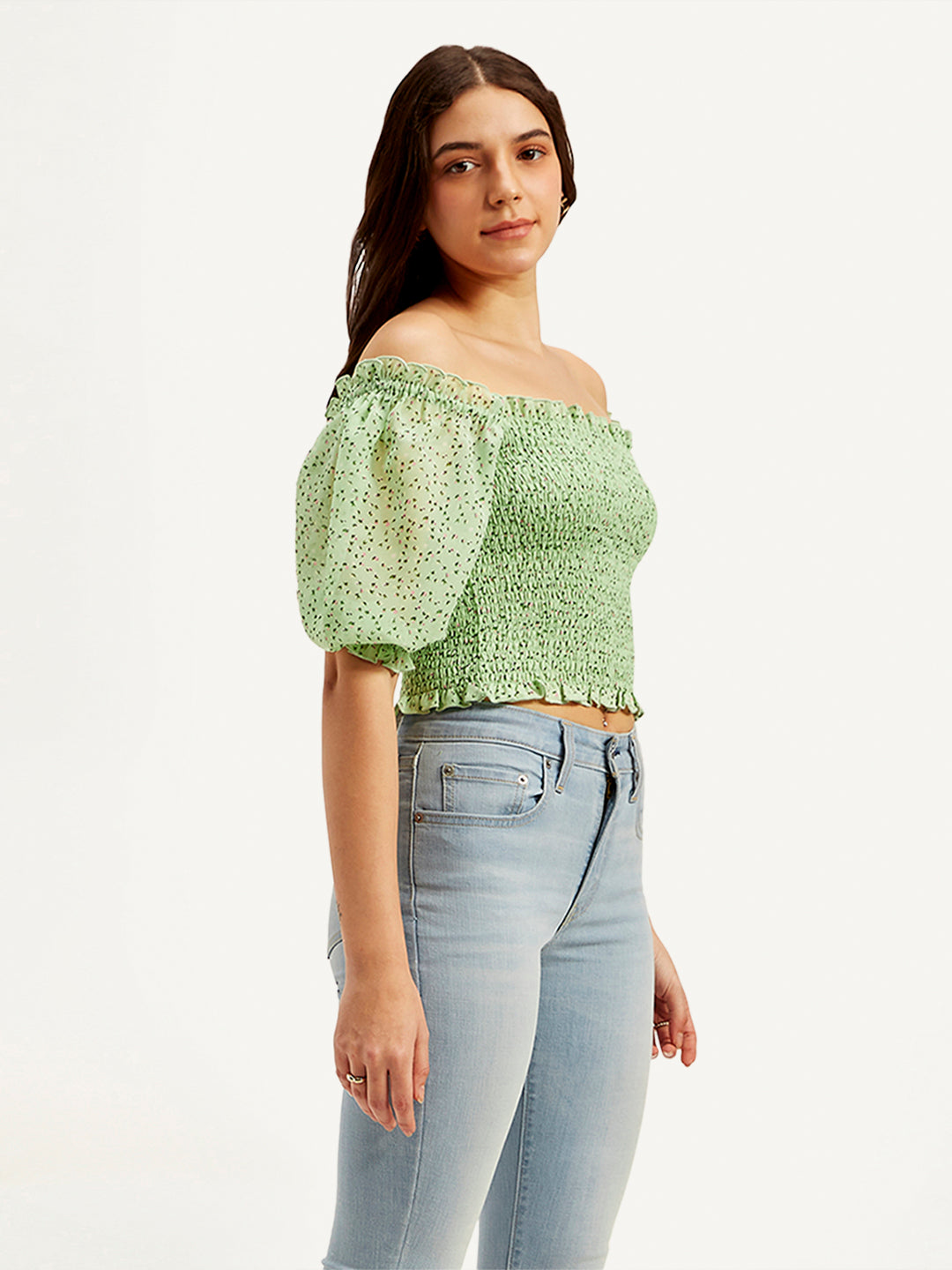 Women's Floral Green Off Shoulder Top – Levis India Store